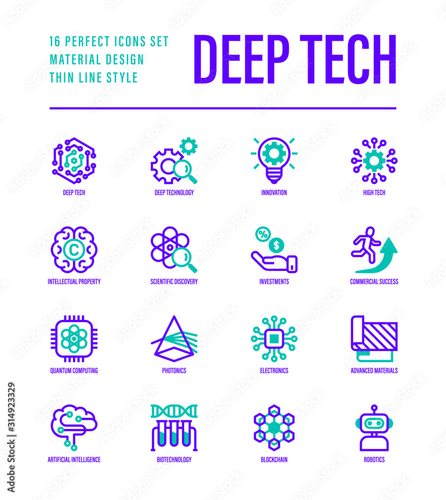 Deep tech thin line icons set. Symbols of ai, innovation, intellectual ...