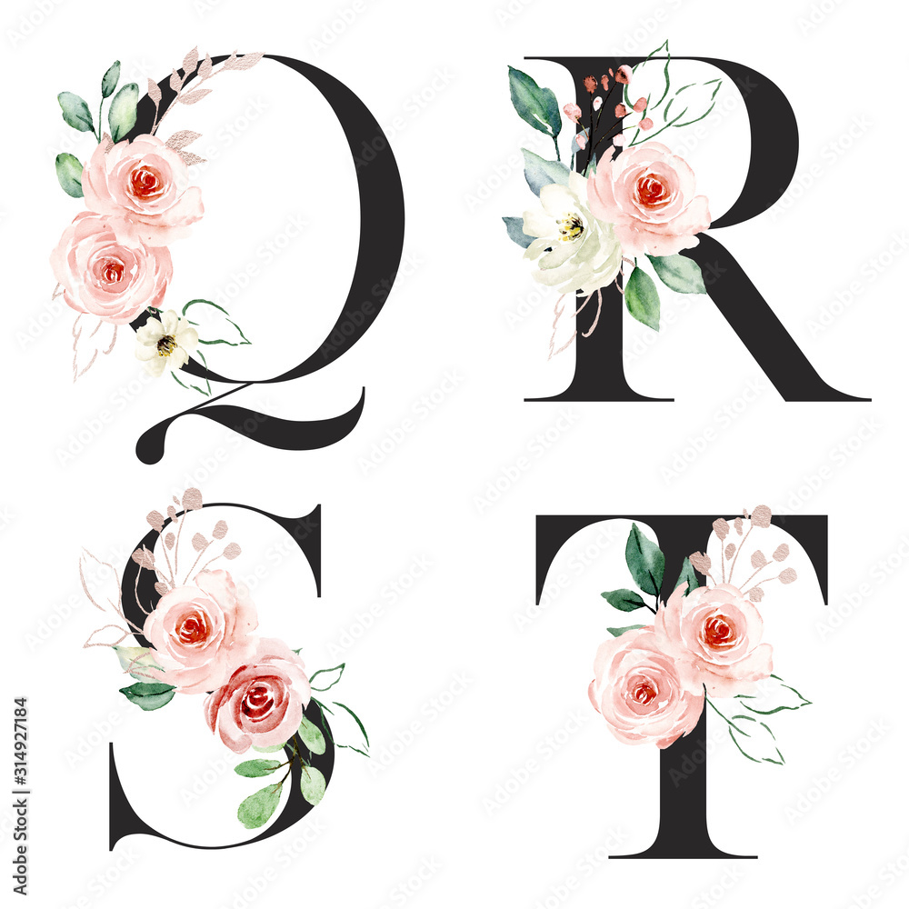 Alphabet floral letters set with watercolor flowers pink roses and leaf ...