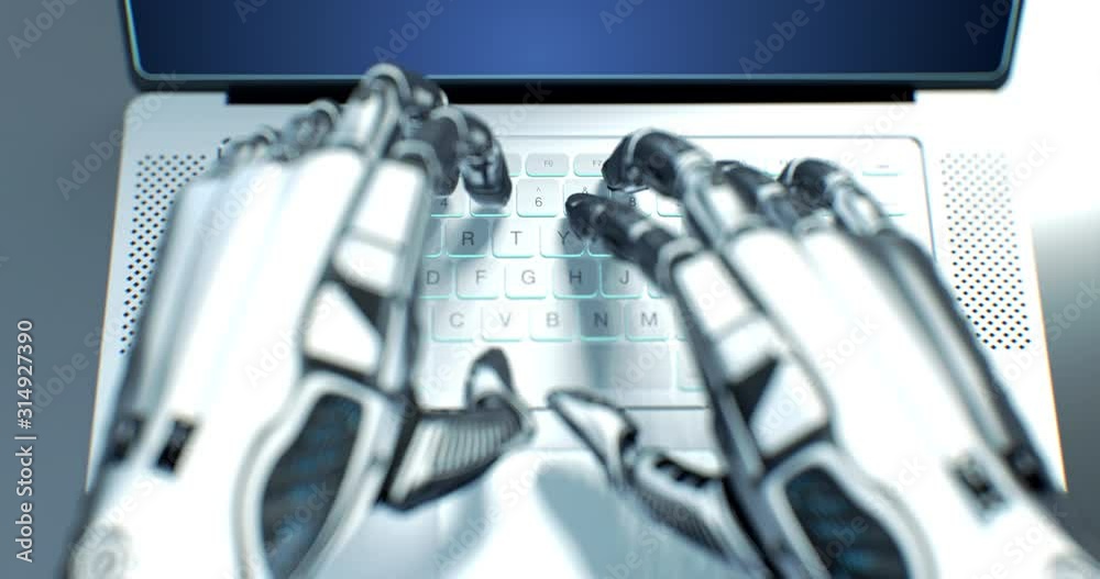Robot typing on laptop keyboard, concept of technology, with alpha ...