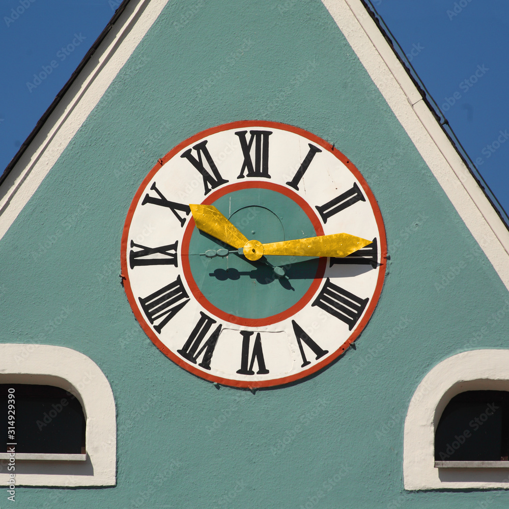 Clock at gable of the town hall building in Eschenbach in der Oberpfalz ...
