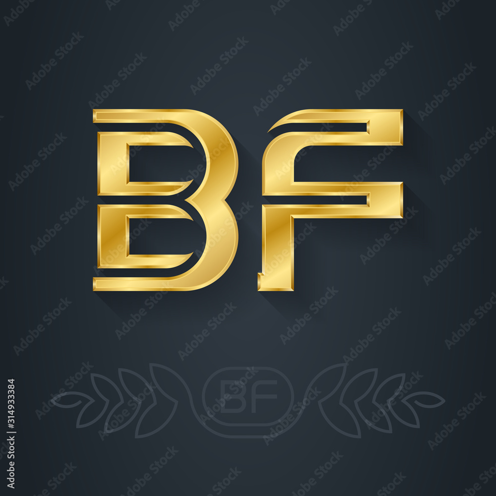 B and F initial golden logo. BF - Metallic icon or logotype template ...