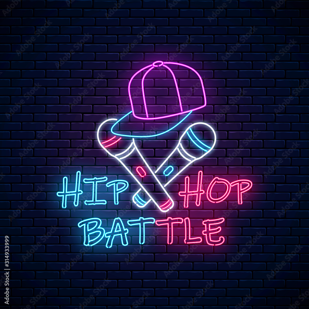 Hip Hop Battle Neon Sign With Two Microphones And Baseball Cap Emblem hip-hop-battle-neon-sign-with-two-microphones-and-baseball-cap-emblem