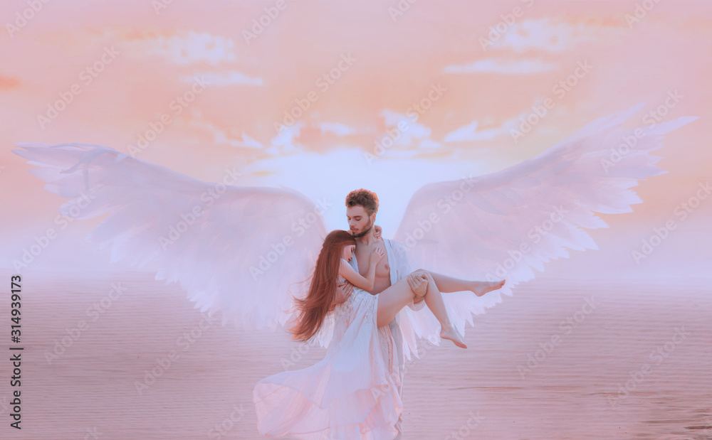 Strong muscular male angel holds hug fragile innocent woman in arms ...