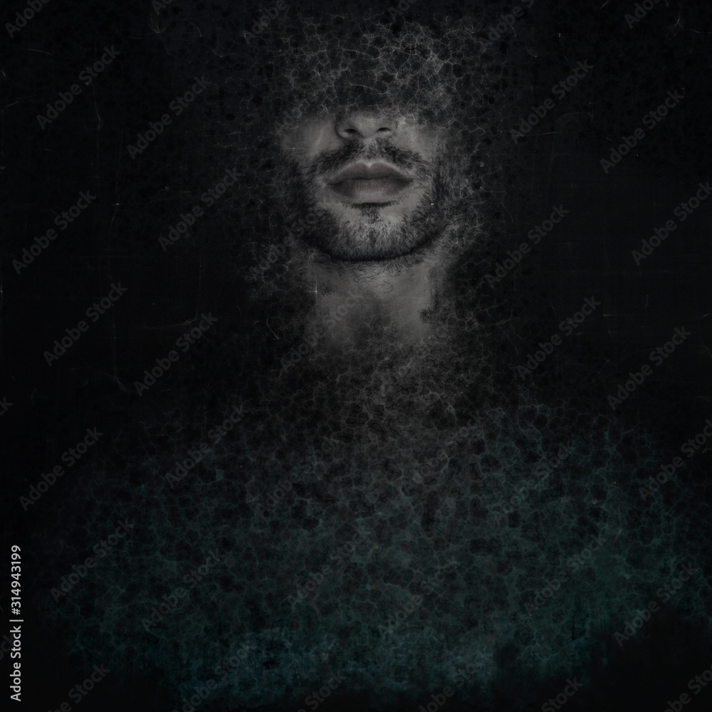 man dispersing and disintegrating into particles, caustics effect ...