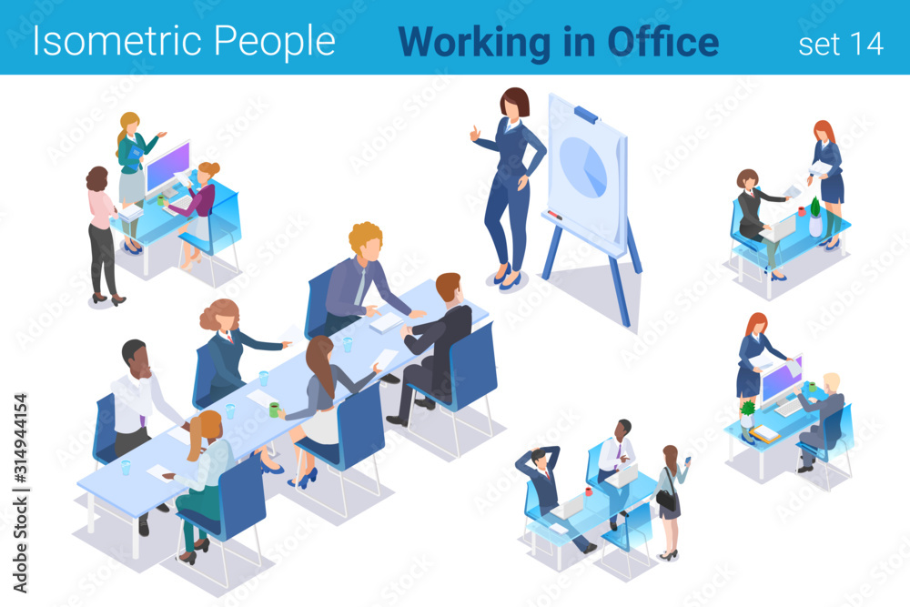Isometric Business People at Workplaces in Office flat vector ...