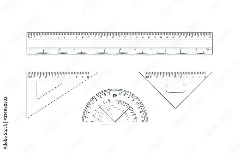 Ruler set. Vector math realistic rulers. Transparent protractor ...