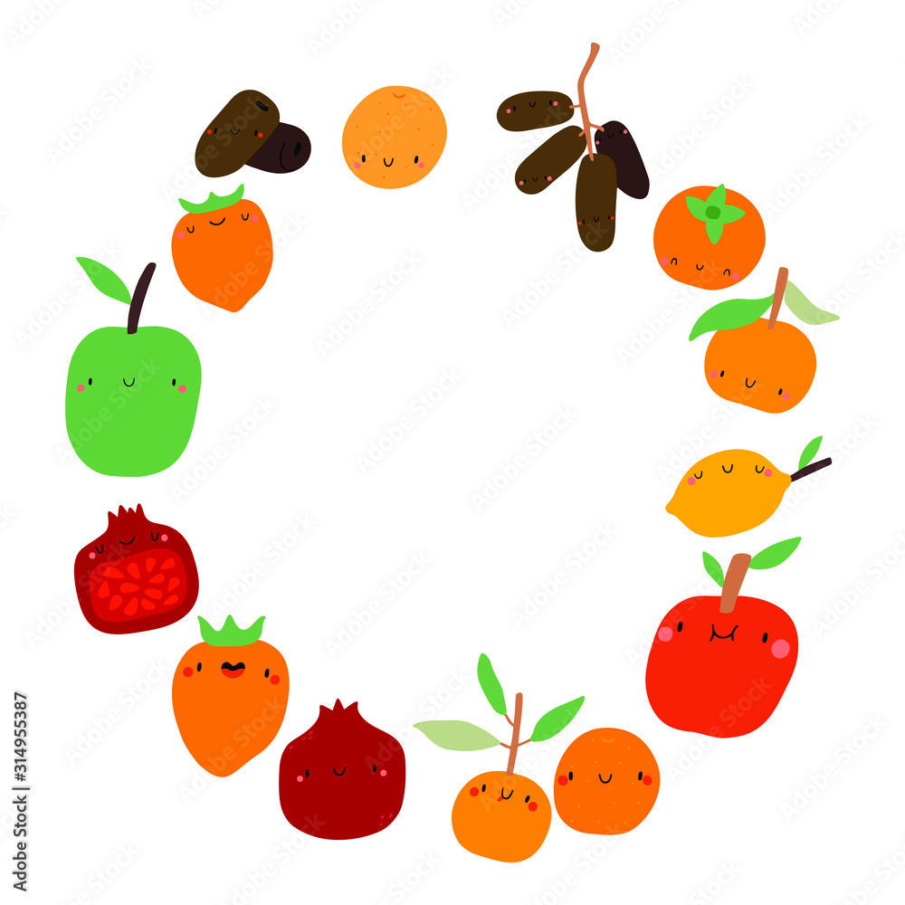 Vector round frame with Seasonal winter Fruits on a white background ...