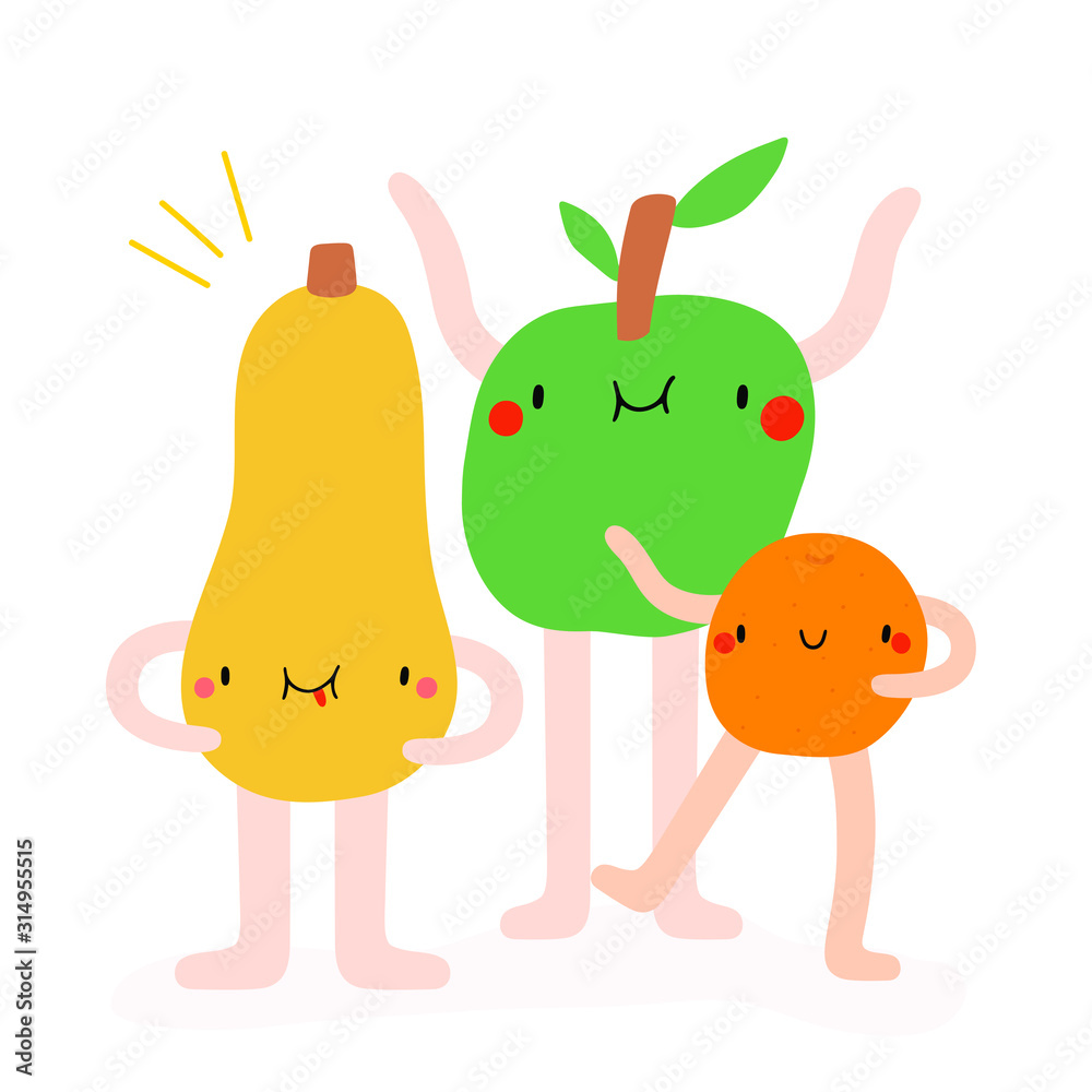 Super cute seasonal Fruits and Vegetable characters. Vector Apple ...