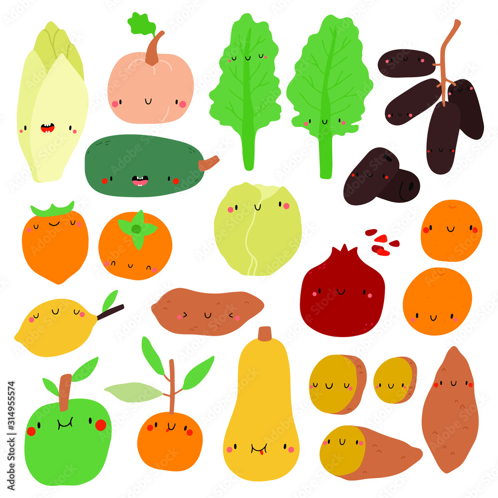 Super cute vector seasonal Fruits and Vegetables collection. Hand drawn ...