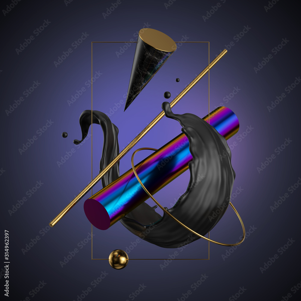 3d render, abstract modern minimal background. Black liquid splash, primitive geometric shapes ...