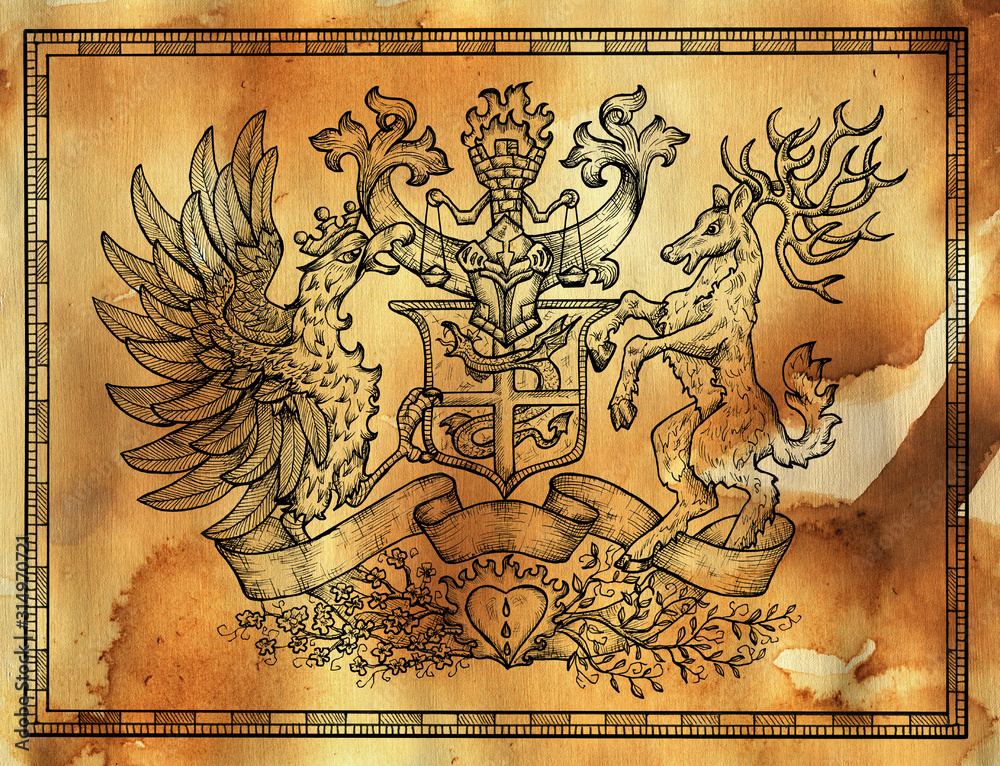 Heraldic drawing with deer and rooster bird in frame on texture ...