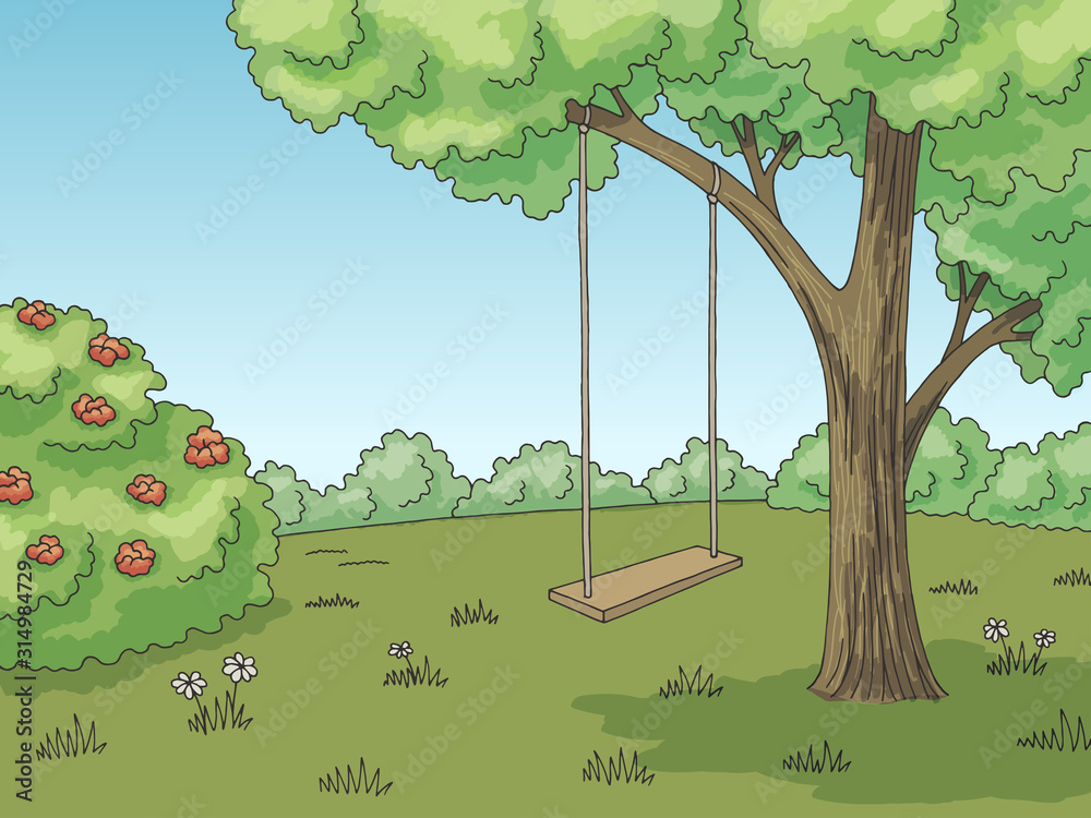 Tree swing graphic color forest glade landscape sketch illustration ...