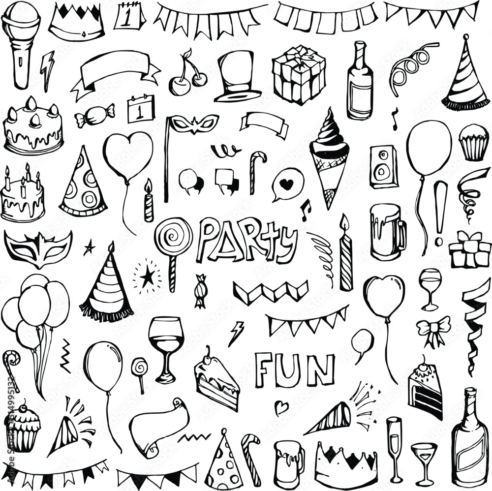 Vetor de Set of Party Drawing illustration Hand drawn doodle Sketch ...