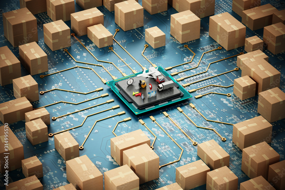 Large group of cardboard boxes connected to microchip. 3D illustration ...