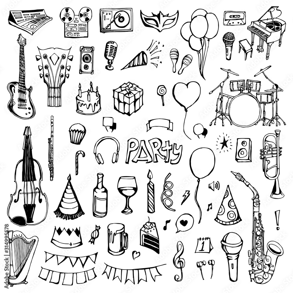 Set of Party Drawing illustration Hand drawn doodle Sketch line vector ...