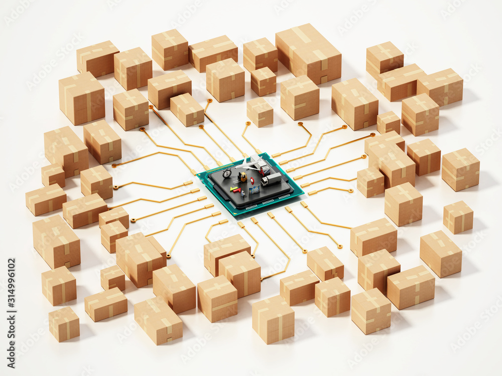 Large group of cardboard boxes connected to microchip. 3D illustration ...