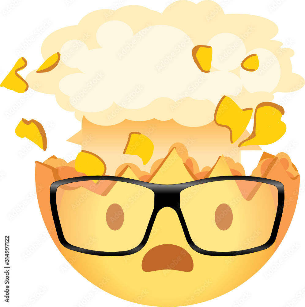 Shocked emoji wearing glasses. Exploding head nerd emoticon. Yellow ...