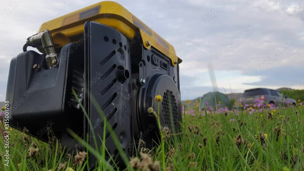 Close up of gas diesel mobile portable electricity generator work on ...
