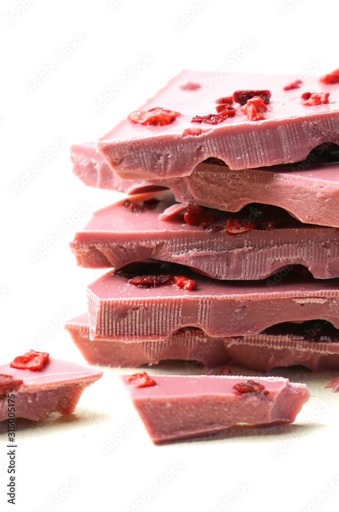 Ruby chocolate stack, made from botanical cocoa bean varieties that ...