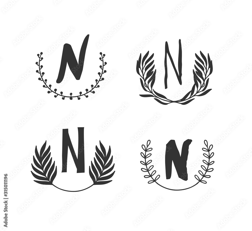 Hand drawn set of monogram objects for design use. Black Vector doodle ...
