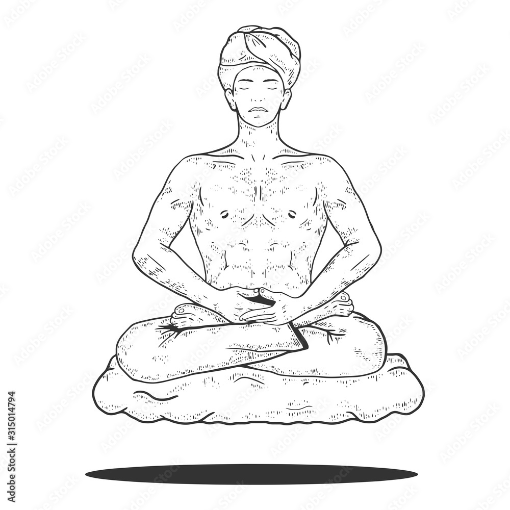 Yogi meditating and floating on cloud sketch engraving vector ...