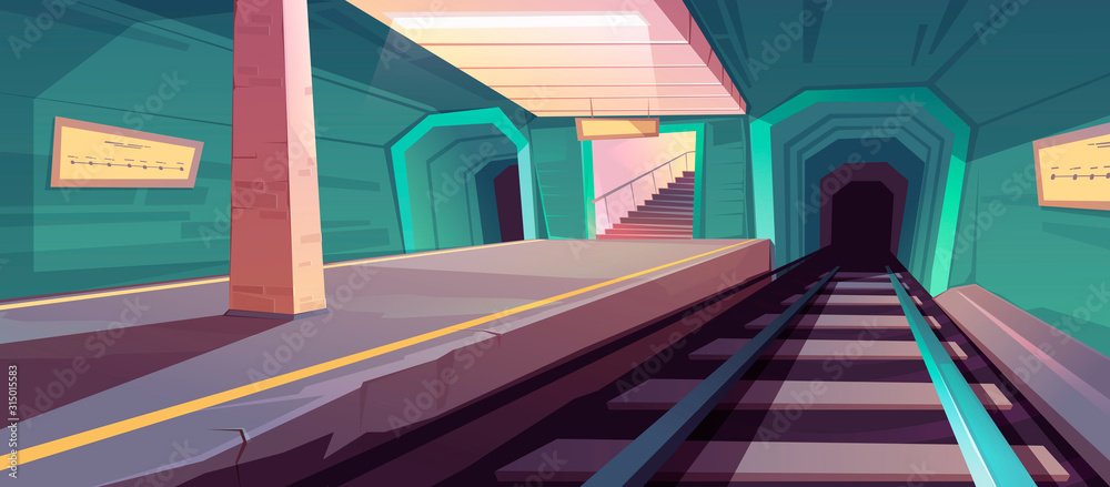 Metro station, empty subway platform, underground tunnel for train ...