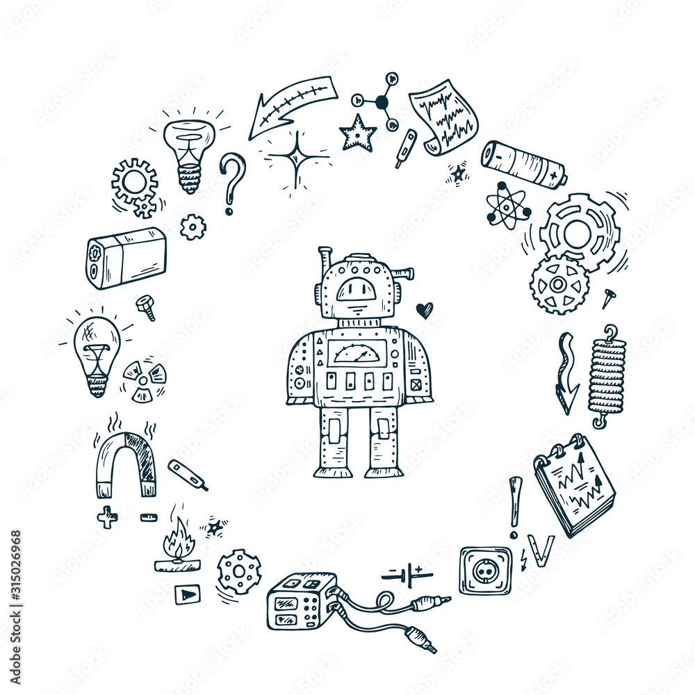 Science icons. Hand drawn doodles Physics Set. Robot, Measuring ...