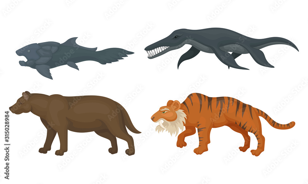 Prehistoric Animals Isolated on White Background Vector Set Stock ...