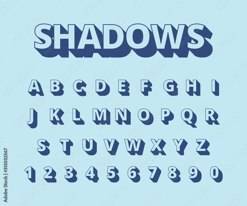 Letters long shadows. Alphabet with letters and numbers in retro style ...