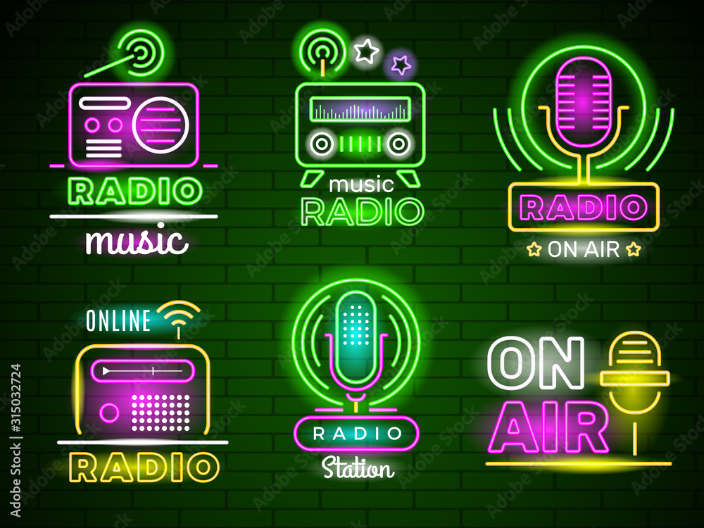 Radio glowing logo. Neon style colored business music broadcast emblem ...