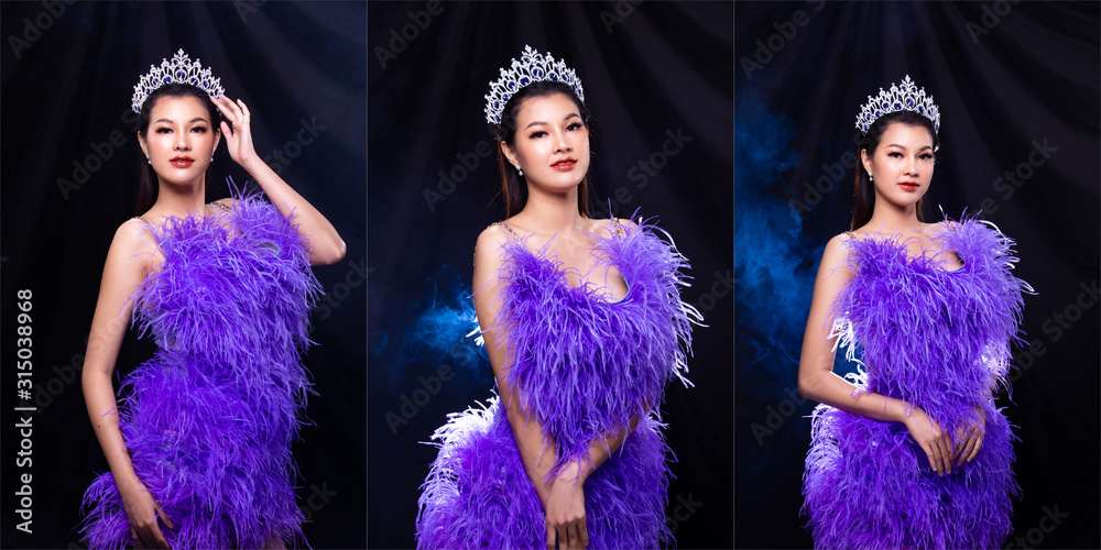 Collage group Portrait of Miss Pageant Beauty Contest in Purple Feather ...