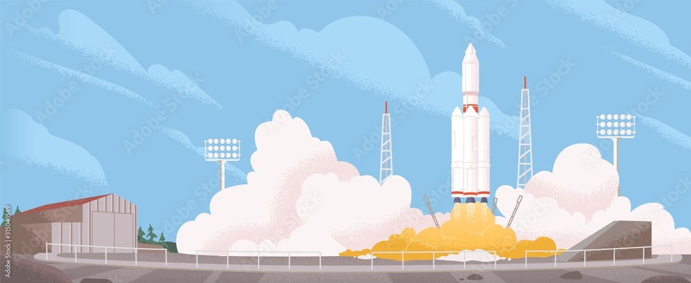Spaceship start cartoon vector illustration. Heavy rocket carrier ...