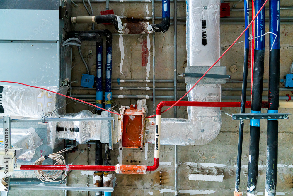 Electrical Conduits System And Metal Pipeline Installed On Building