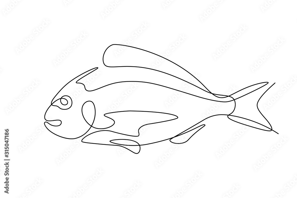 Fish in continuous line art drawing style. Minimalist black linear ...