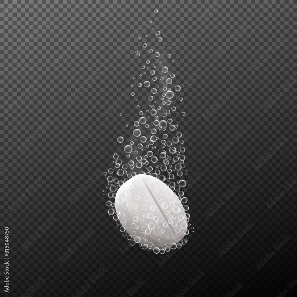 Effervescent or fizzy pill with bubbles on transparent background ...