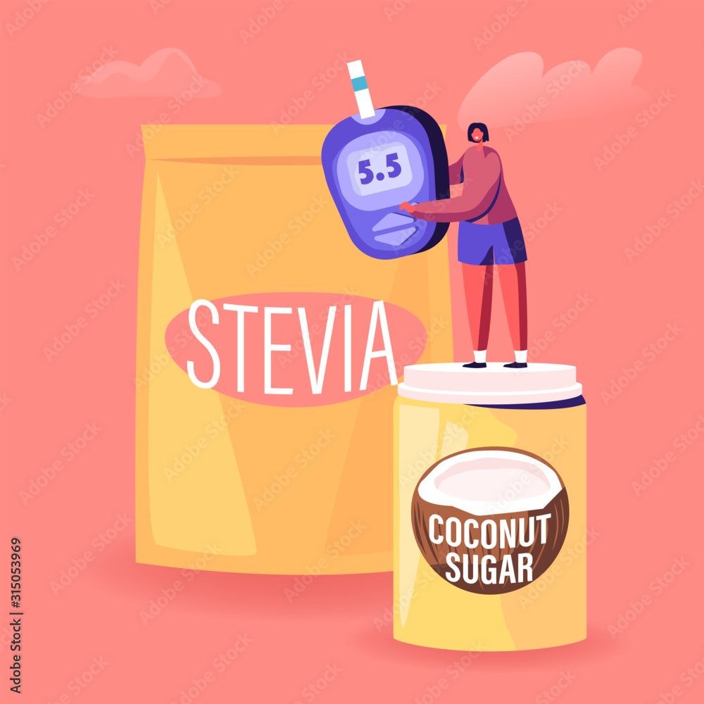 Tiny Female Character Stand on Coconut Sugar Box near Stevia Package ...