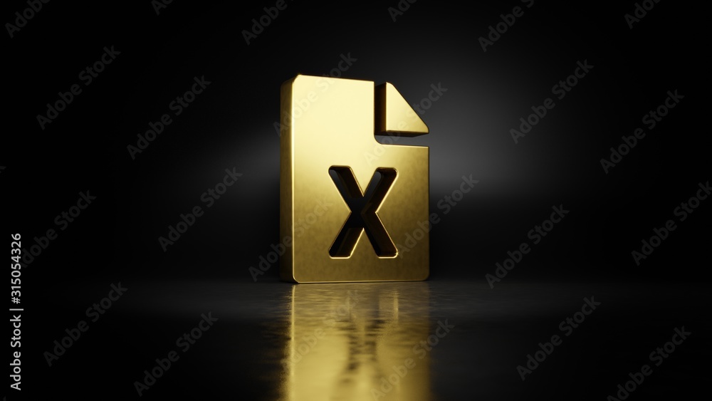 gold metal symbol of file excel 3D rendering with blurry reflection on floor with dark ...