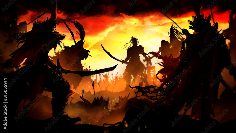 Battle of two armies in the center of the Orc warrior surrounded on all ...