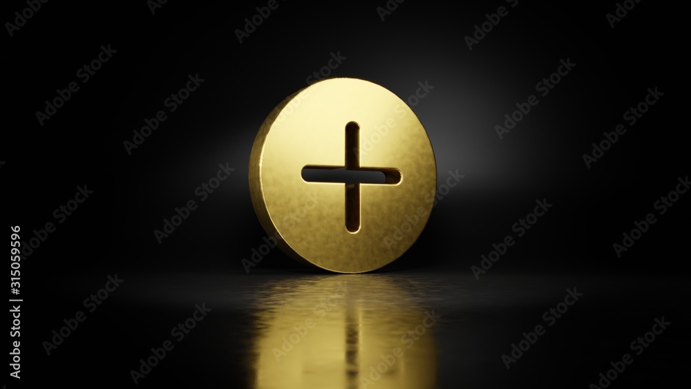 gold metal symbol of plus 3D rendering with blurry reflection on floor ...