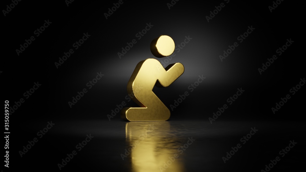 gold metal symbol of pray 3D rendering with blurry reflection on floor ...