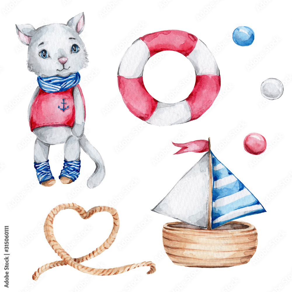 Sea set with cartoon cat sailor, ship, lifebuoy, rope and red, blue and ...