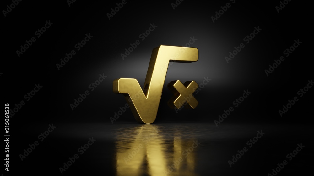 gold metal symbol of square root 3D rendering with blurry reflection on ...