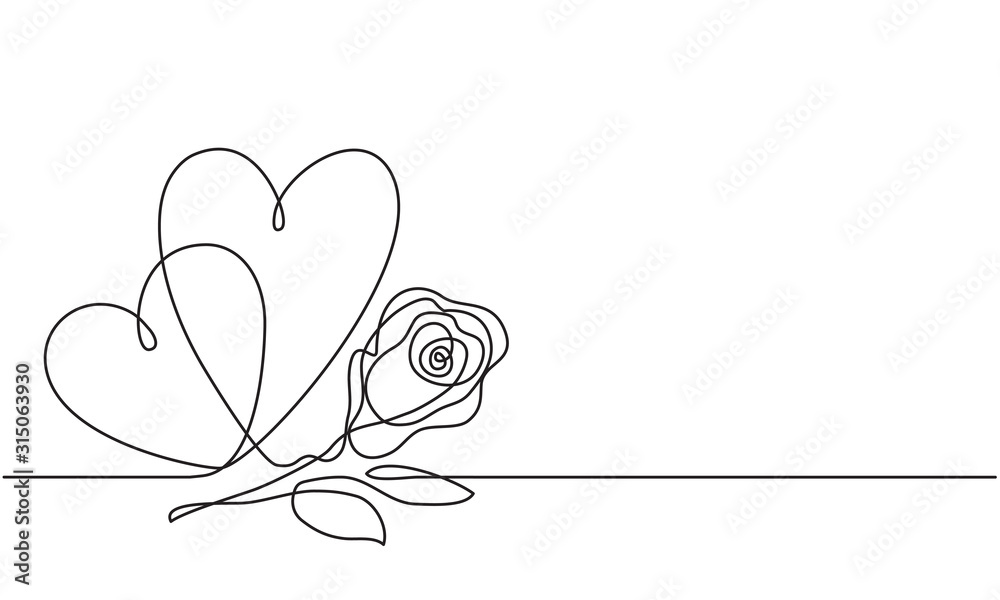 Love, hearts and rose. Loving hearts and flower. Continuous line ...