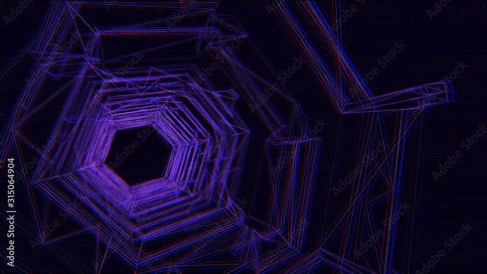 Abstract Art | Wireframe structure with neon spheres on dark violet ...