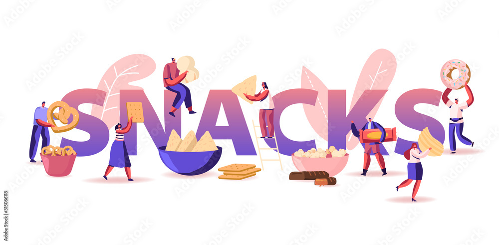 People Eating Snacks Concept. Tiny Male and Female Characters Enjoying ...
