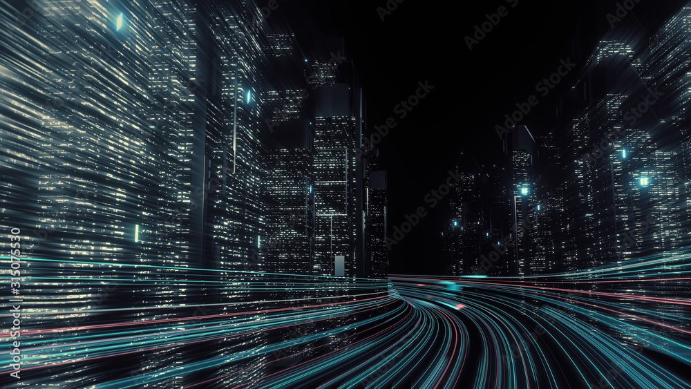 3D Rendering of warp speed in hyper loop with blur light from buildings ...
