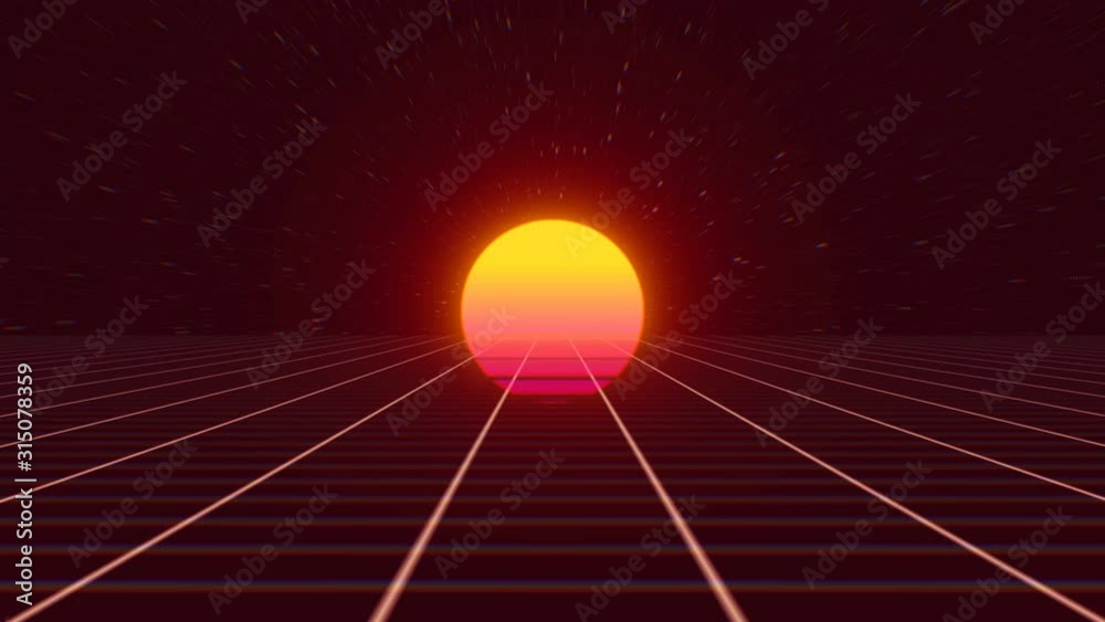 Retro-futuristic 80s synthwave sun grid background. Seamless looped ...