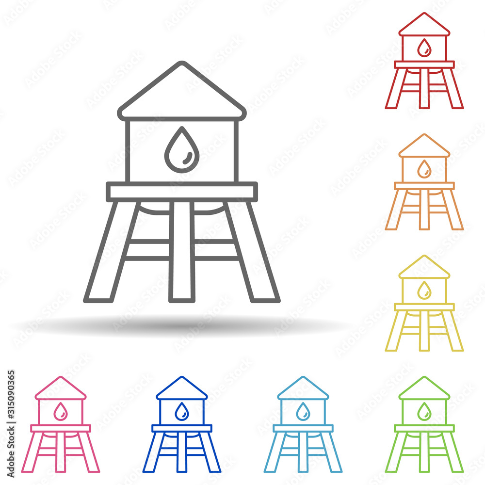 Water tower, firefighter in multi color style icon. Simple thin line ...