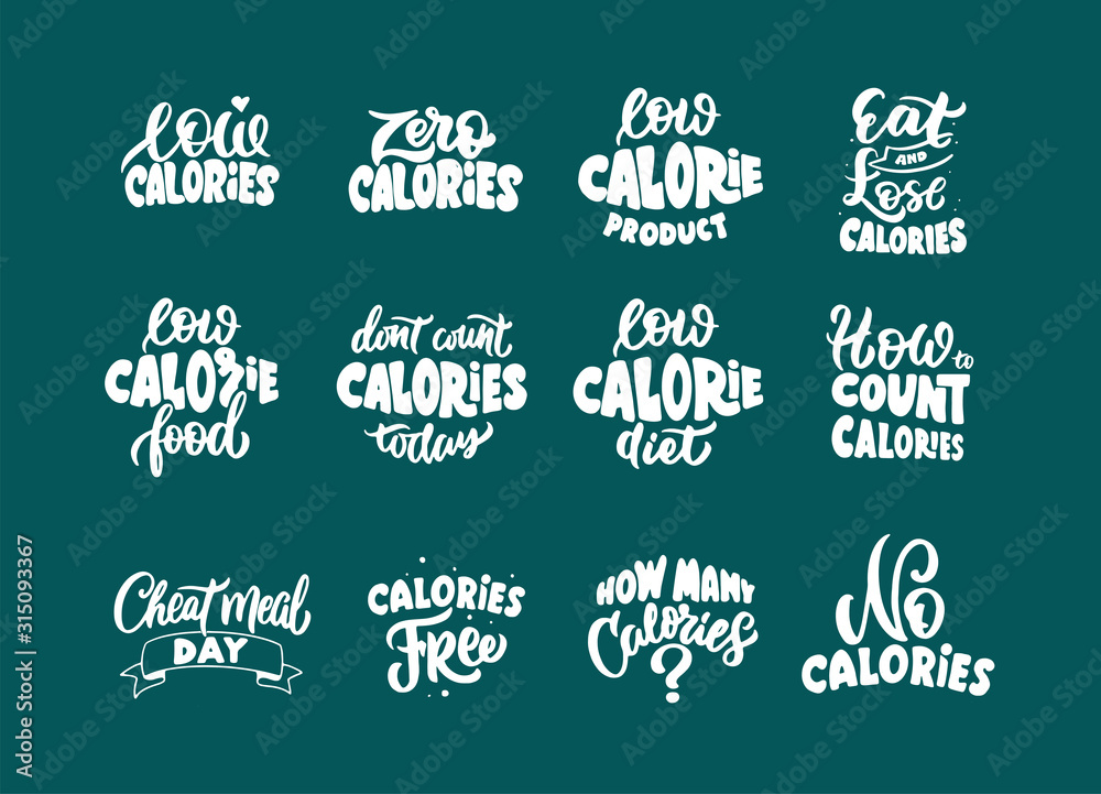 No calories, Zero calories, Low calories product. Set of vintage retro ...