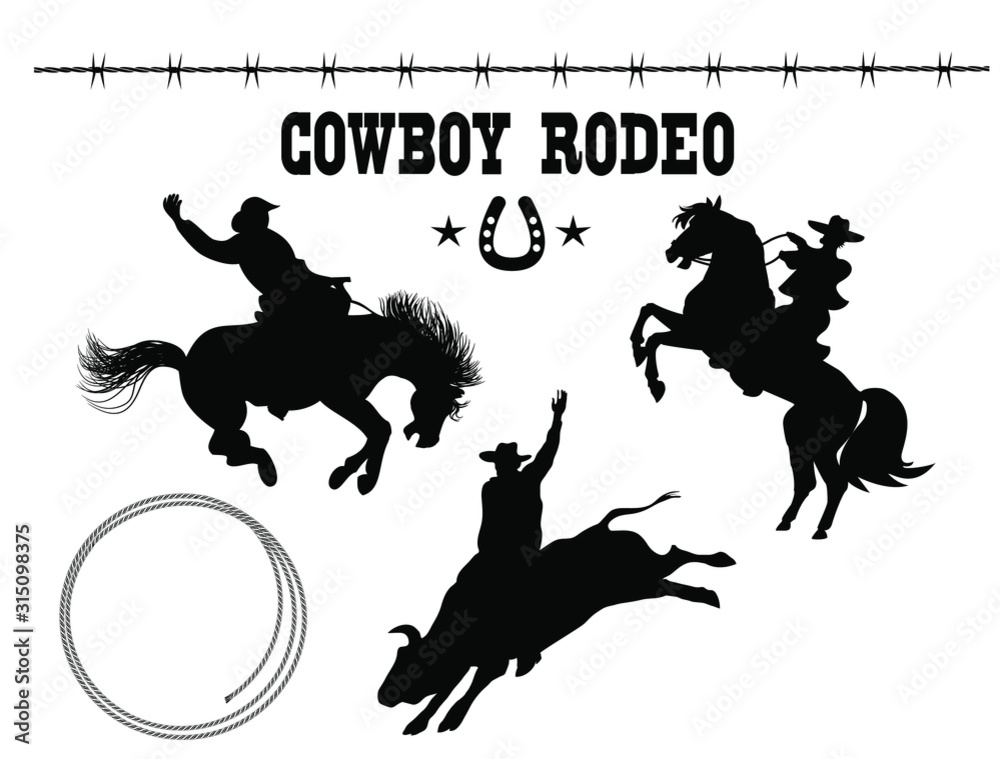 Rodeo. Vector American set of Rodeo. Black silhouette riders on bull ...